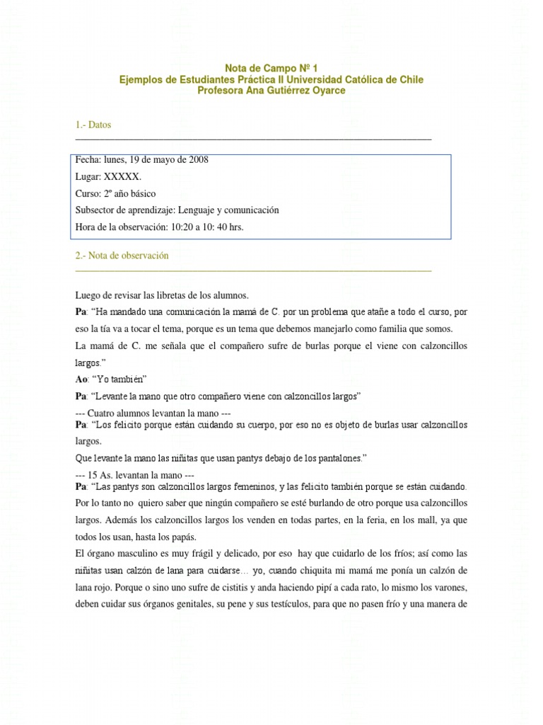 Ejemplo de Nota de Campo | Autoestima | Aprendizaje