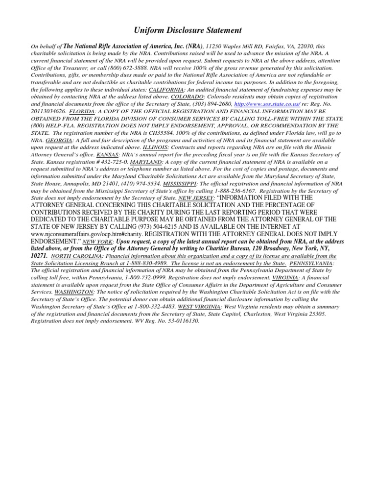 NRA Uniform Disclosure Statement | PDF | National Rifle Association ...