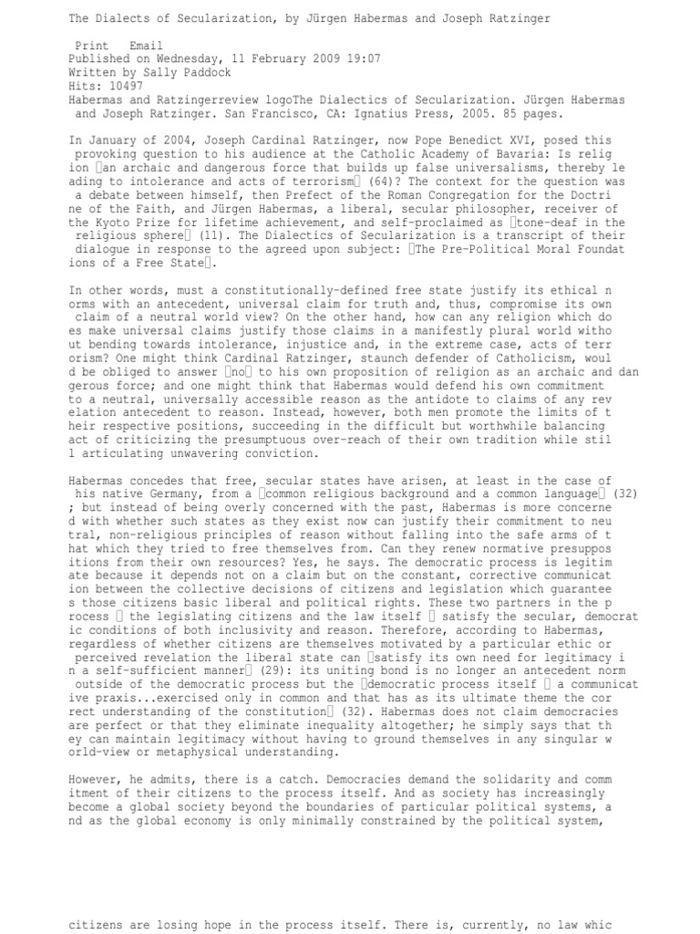 The Dialectics of Secularization: Habermas and Ratzinger Debate ...