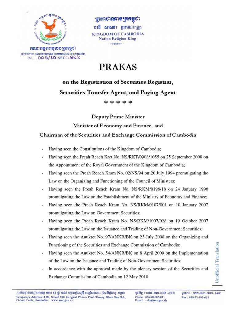 Prakas on the Registration of Securities Registrar Securities Transfer ...