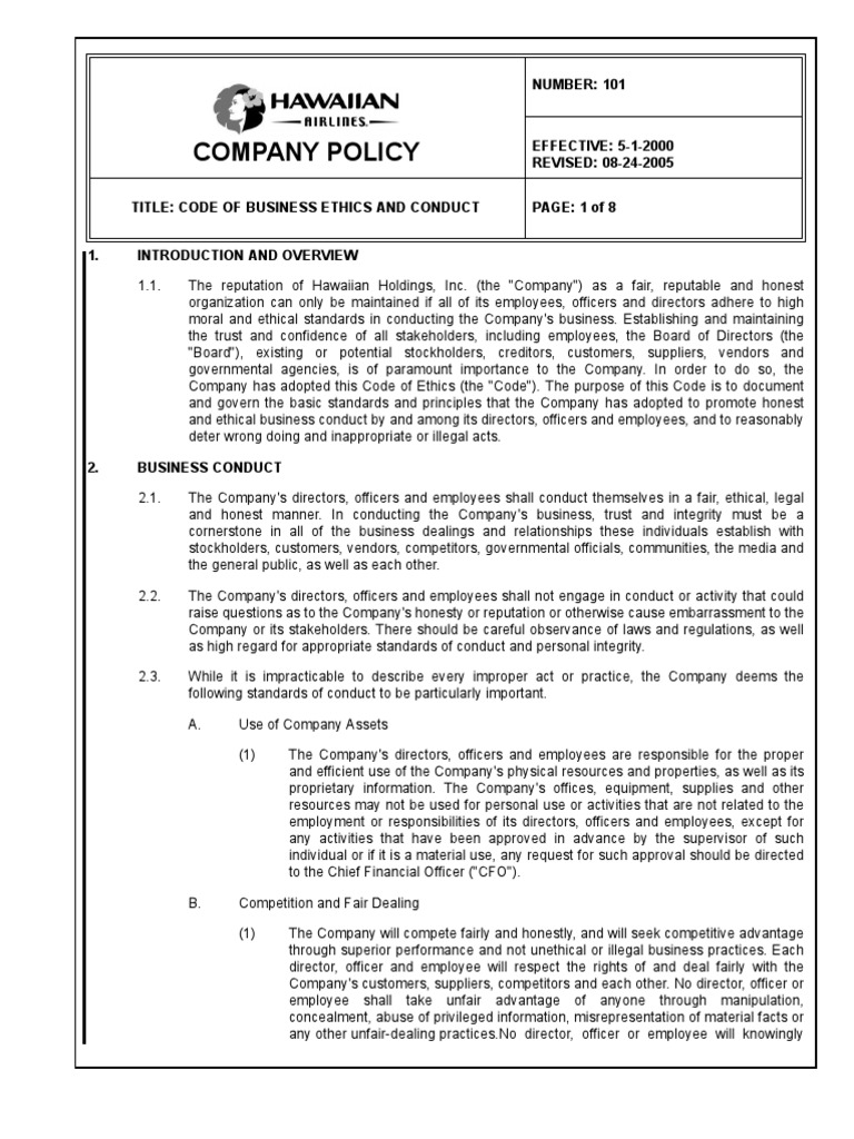 Sample Code of Business Ethics and Conduct | Competition Law | Board Of ...