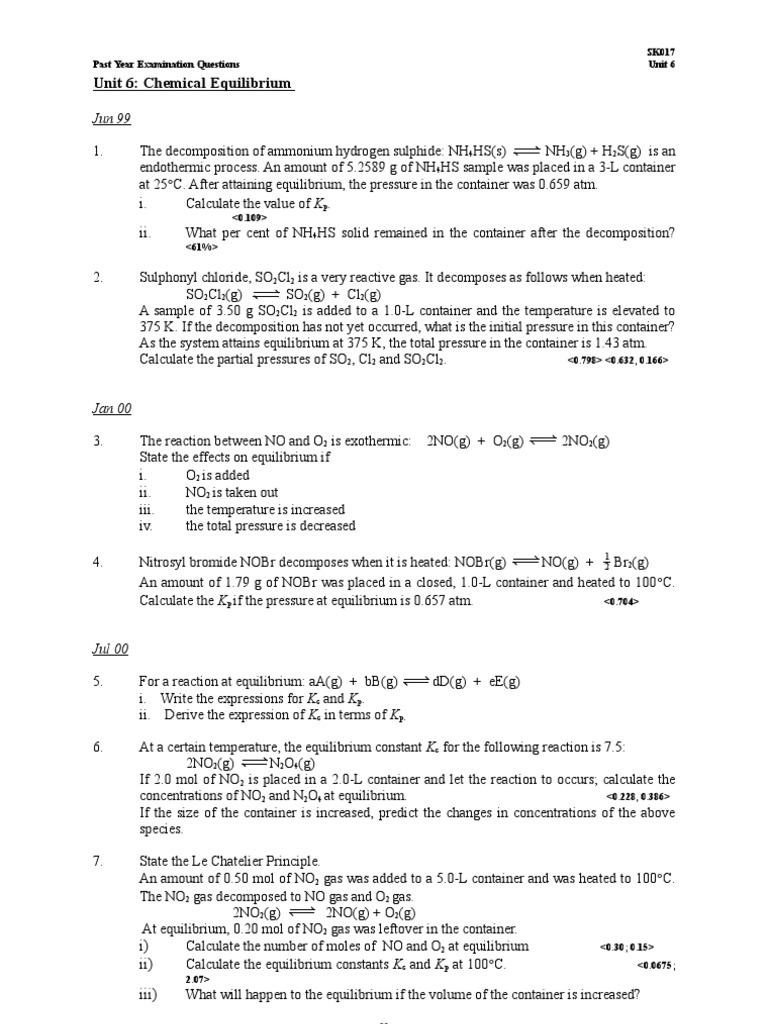 Sem1 Unit6 Chemical Equilibrium | PDF | Chemical Equilibrium | Chlorine