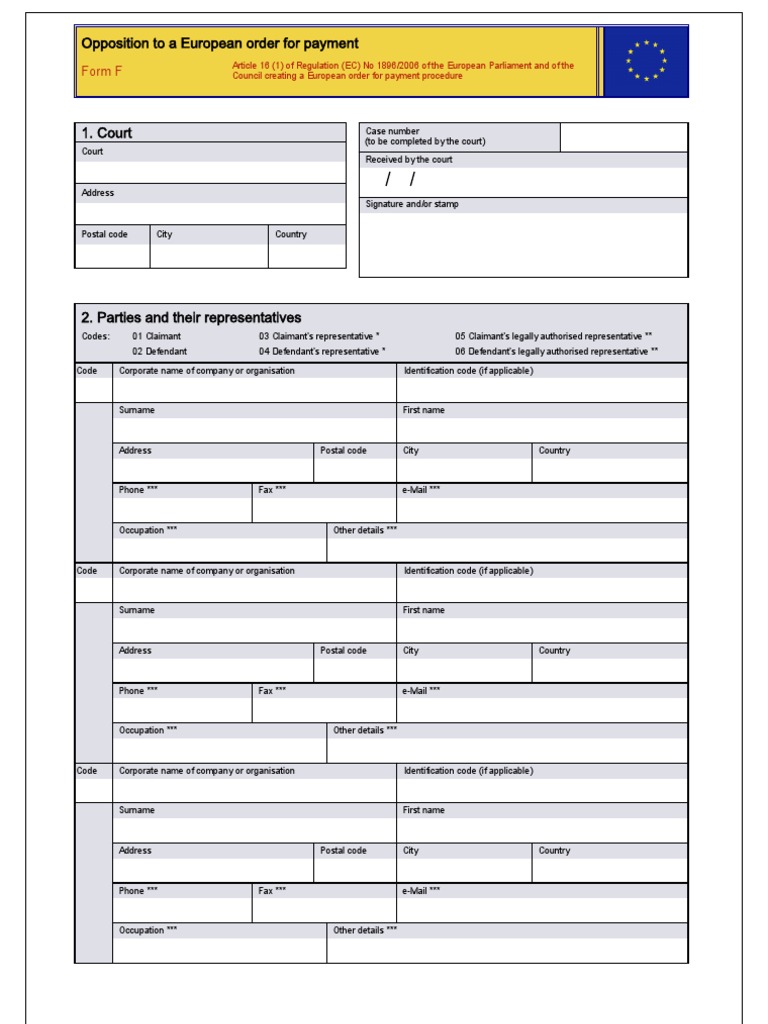 Opposition To A European Order For Payment: Form F | PDF | Finance ...