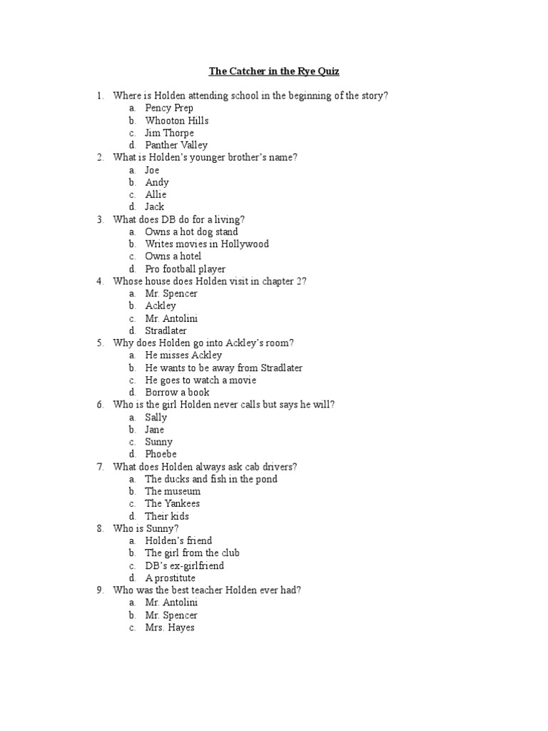 The Catcher in The Rye Quiz | PDF | Sports | Leisure