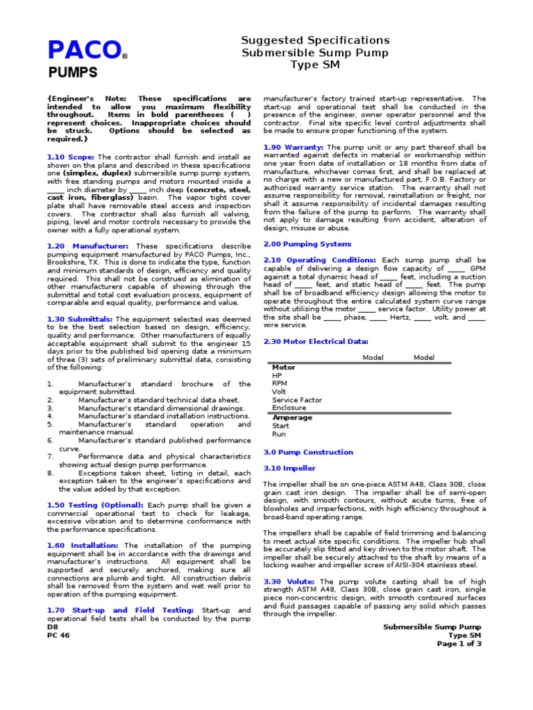 Pumps: Suggested Specifications Submersible Sump Pump Type SM | PDF ...