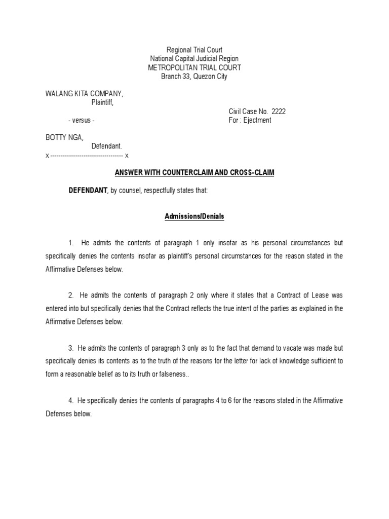 Answer With Counterclaim and Crossclaim | Lawsuit | Judiciaries