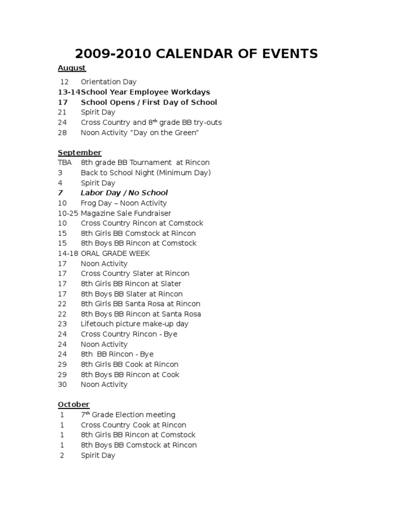 2009-2010 School Year Events Calendar | PDF | Observances | Leisure