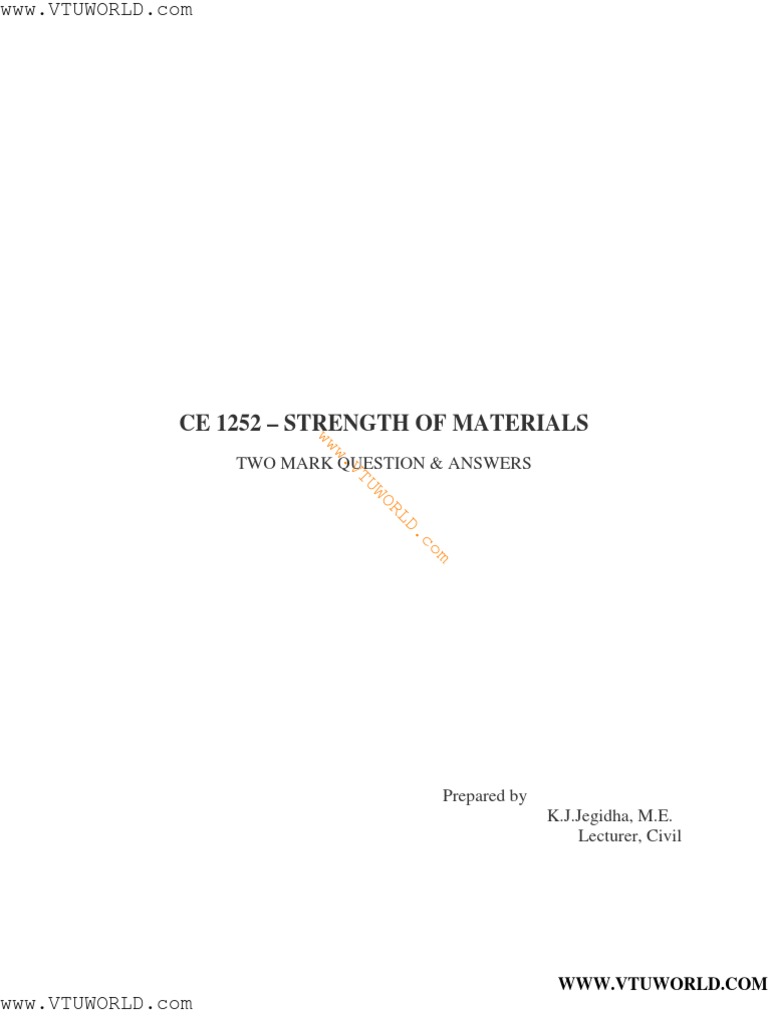 Ce 1252 - Strength of Materials: Two Mark Question & Answers | PDF ...