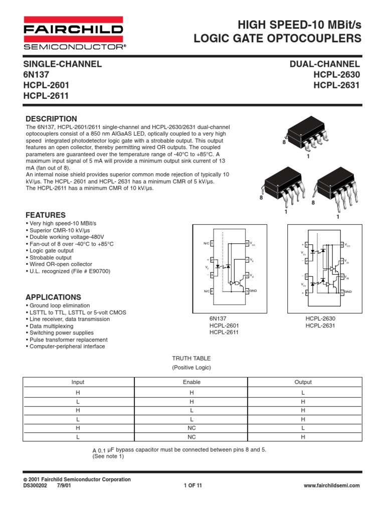 High Speed-10 Mbit/S Logic Gate Optocouplers: Single-Channel Dual-Channel 6N137 Hcpl-2630 Hcpl ...