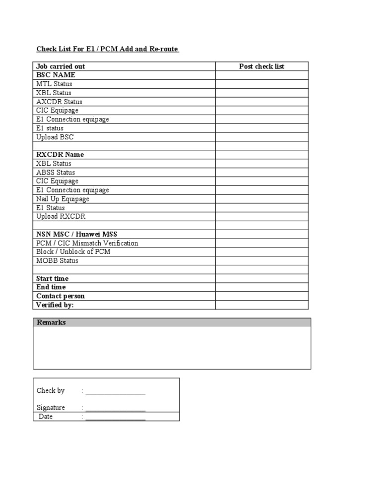 E1/PCM Add & Re-route Checklist | PDF