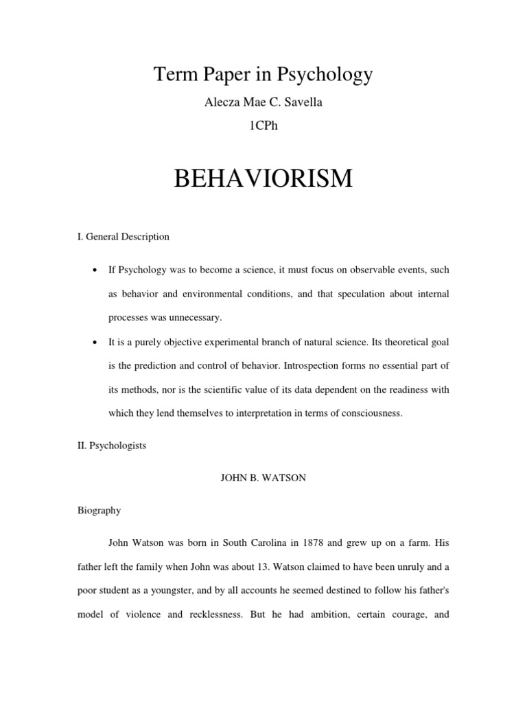 Behaviorism: Term Paper in Psychology | PDF | Behaviorism | Psychology
