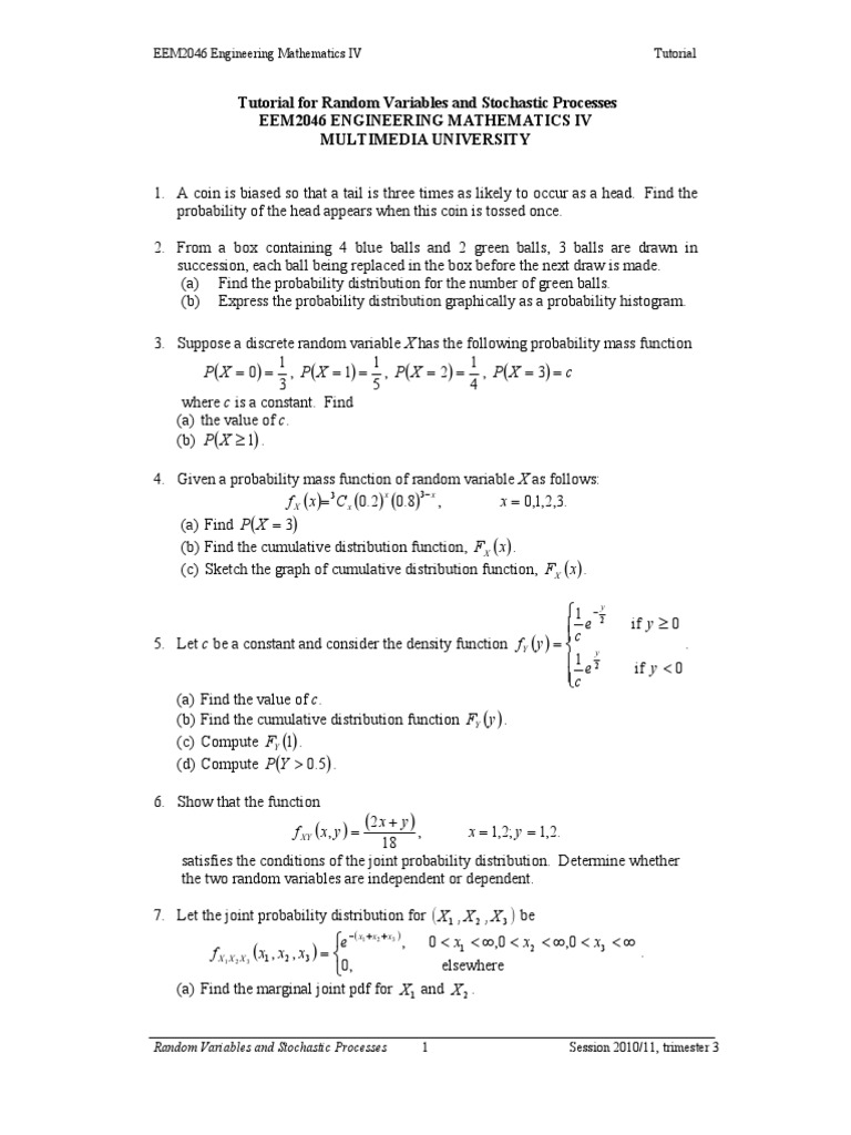 Tutorial For Random Variables and Stochastic Processes Eem2046 Engineering Mathematics Iv ...