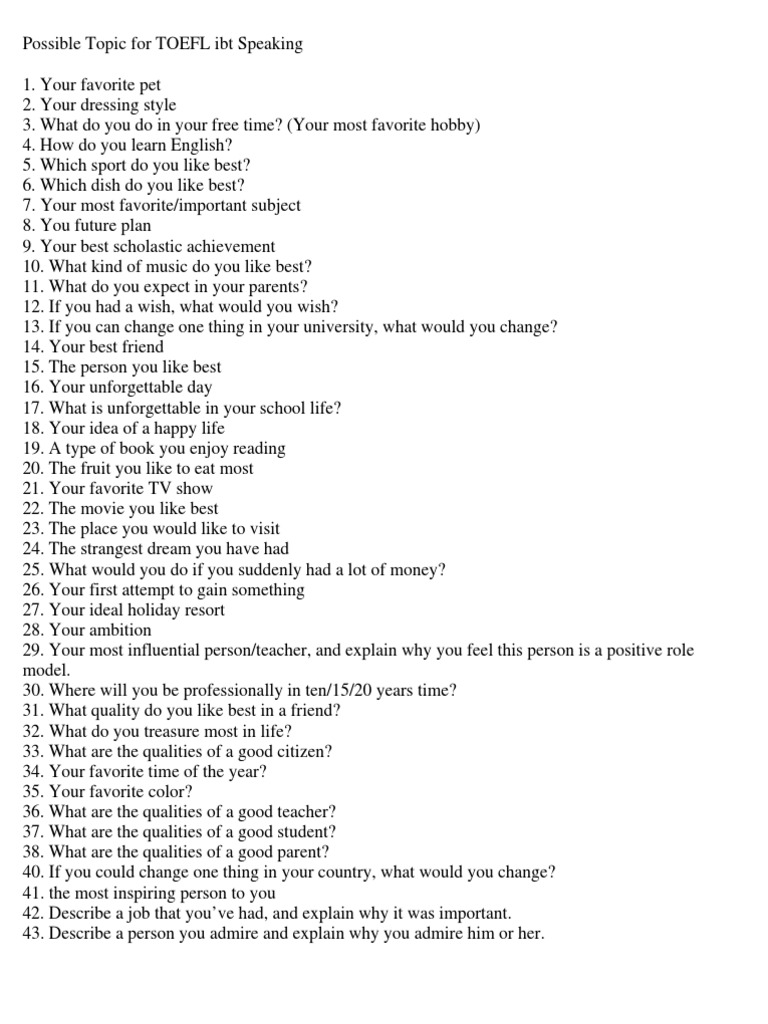 TOEFL iBT Speaking Topics List | PDF | Career & Growth | Lifestyle