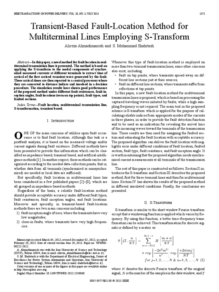 Transient-Based Fault-Location Method For Multiterminal Lines Employing S-Transform | PDF ...