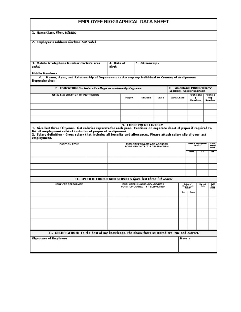 Employee Biographical Data Sheet | PDF
