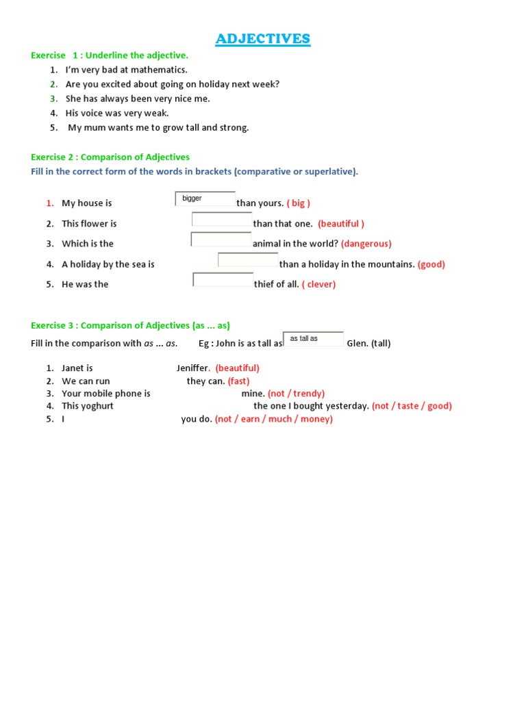 Underlining Adjectives Exercise | PDF