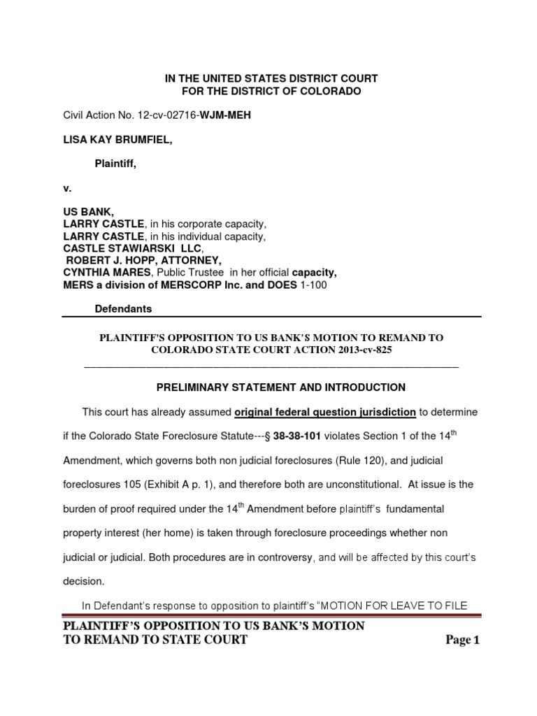 Opposition to Motion to Remand Case | PDF | State Court (United States ...