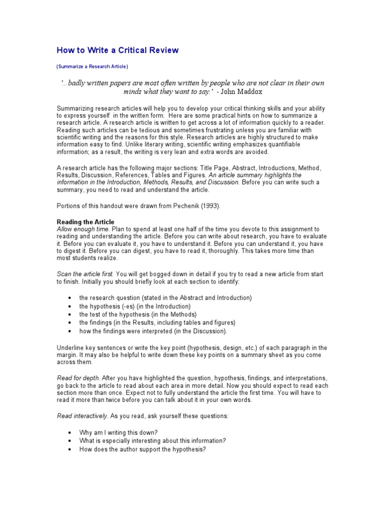 How To Write A Critical Review | PDF | Academic Publishing | Abstract ...