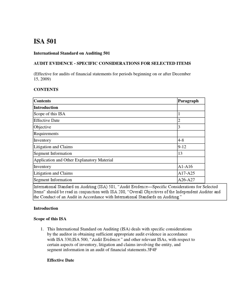 Isa 501 | PDF | Financial Audit | Auditor's Report