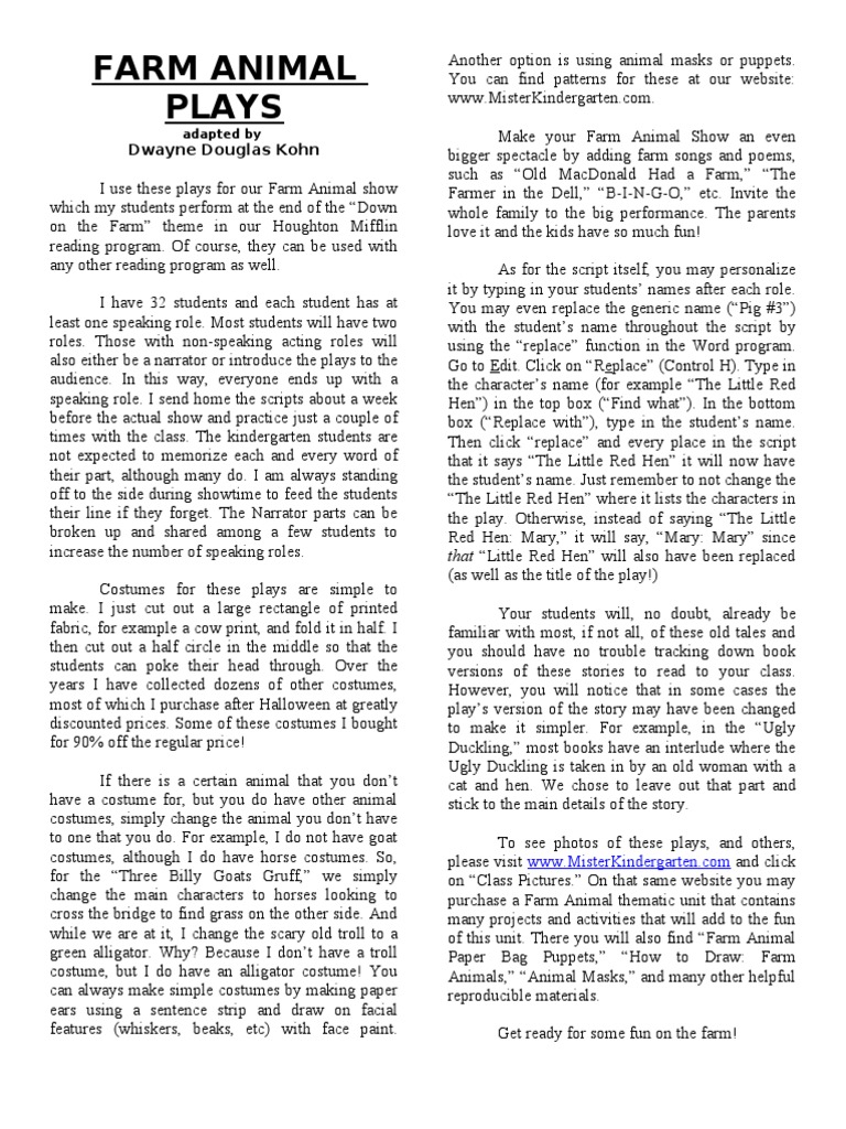 Animal Scripts For A Play | PDF | Duck | The Ugly Duckling