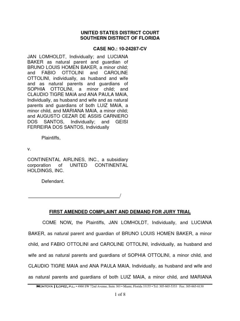 First Amended Complaint Against Continental Airlines in Air Turbulence ...