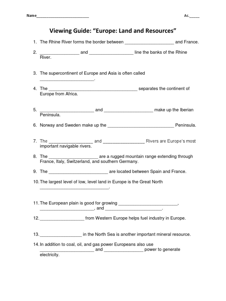 Viewing Guide Europes Land and Resources | PDF