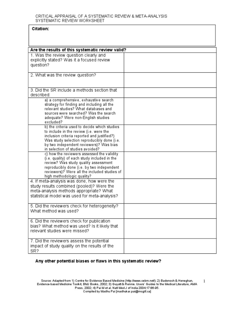 Critical - Worksheet | PDF | Systematic Review | Evidence Based Medicine