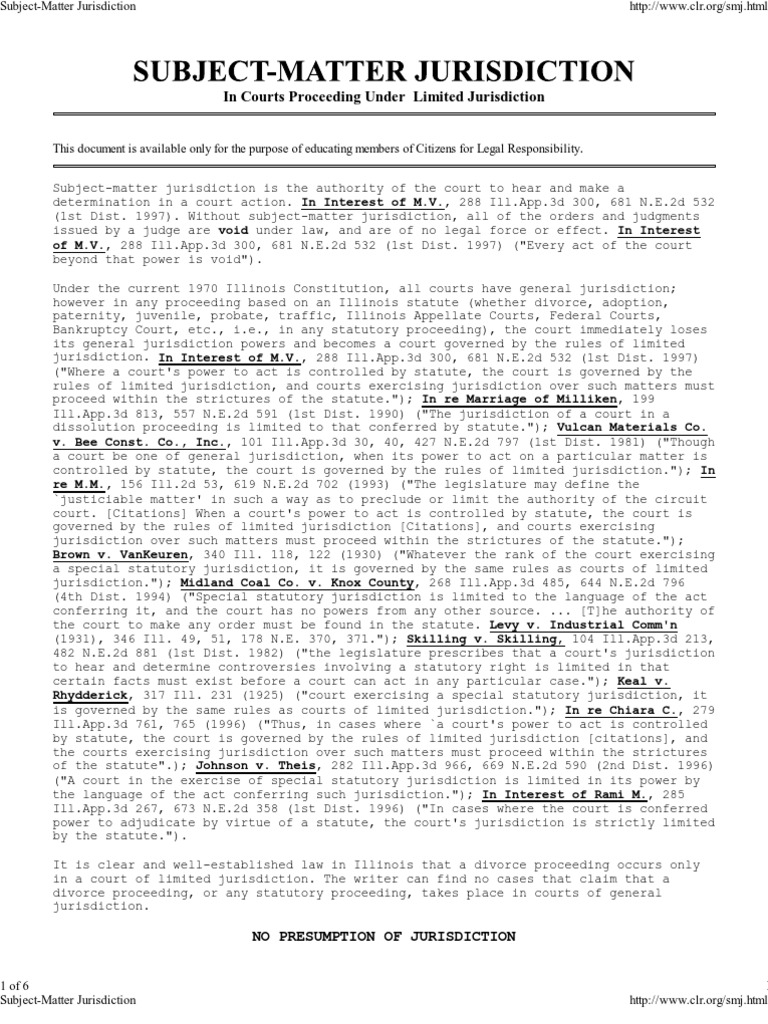 Subject Matter Jurisdiction | Subject Matter Jurisdiction | Jurisdiction