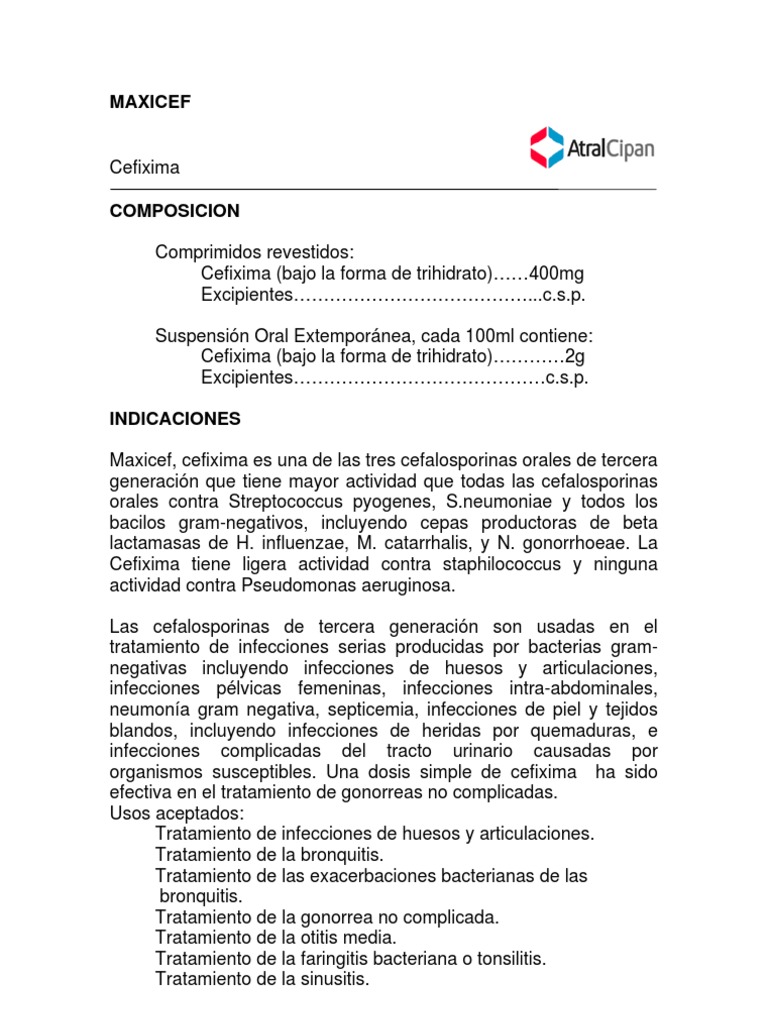 Maxicef Indicaciones, Posologia | PDF | Penicilina | Medicamentos con ...