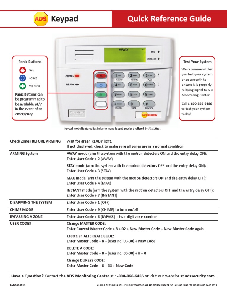 First Alert Keypad Quick Reference Guide | PDF