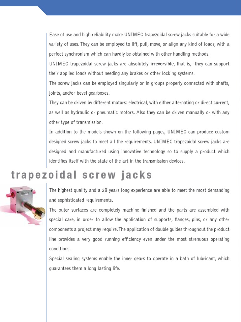 Unimec Screw Jack | PDF | Structural Load | Screw