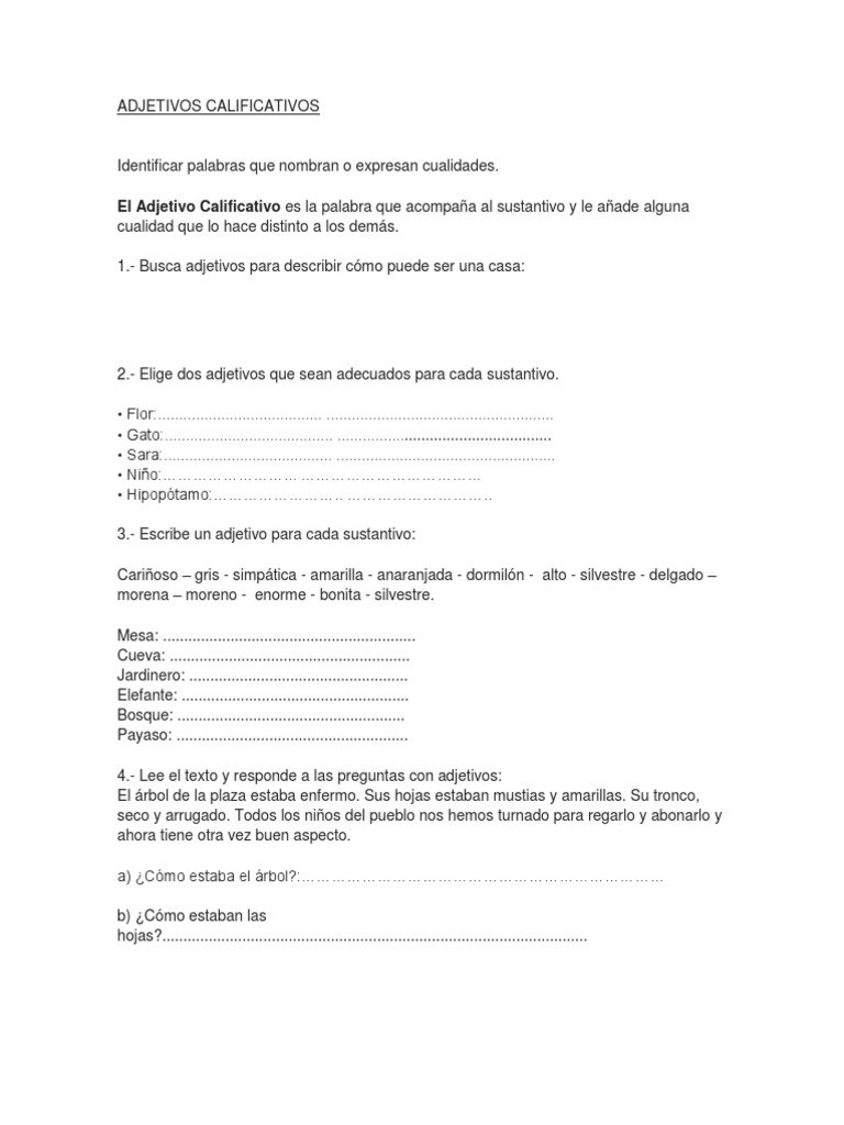 Ejercicios de Adjetivos Calificativos | PDF | Artes del Lenguaje y ...