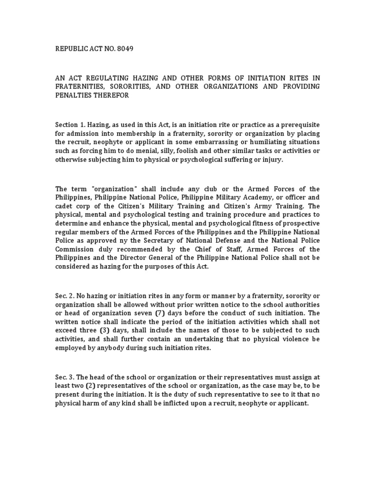 Anti-Hazing Law (RA 8049) | PDF | Fraternities And Sororities ...