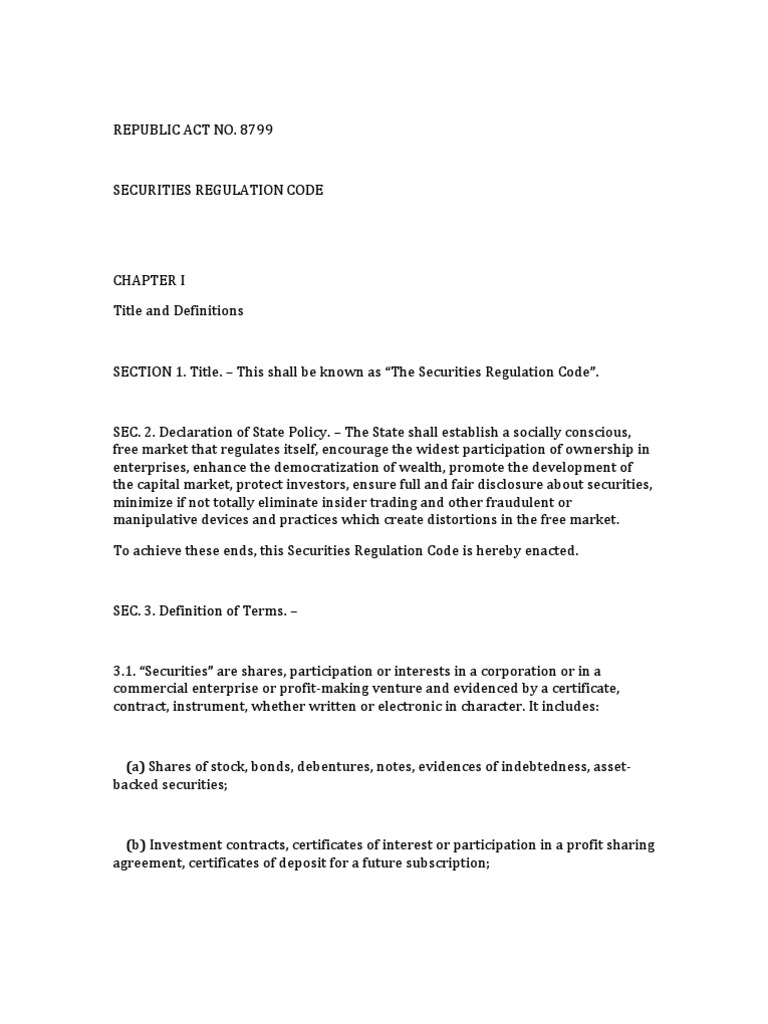 Securities Regulation Code (RA 8799) | PDF | Securities (Finance ...