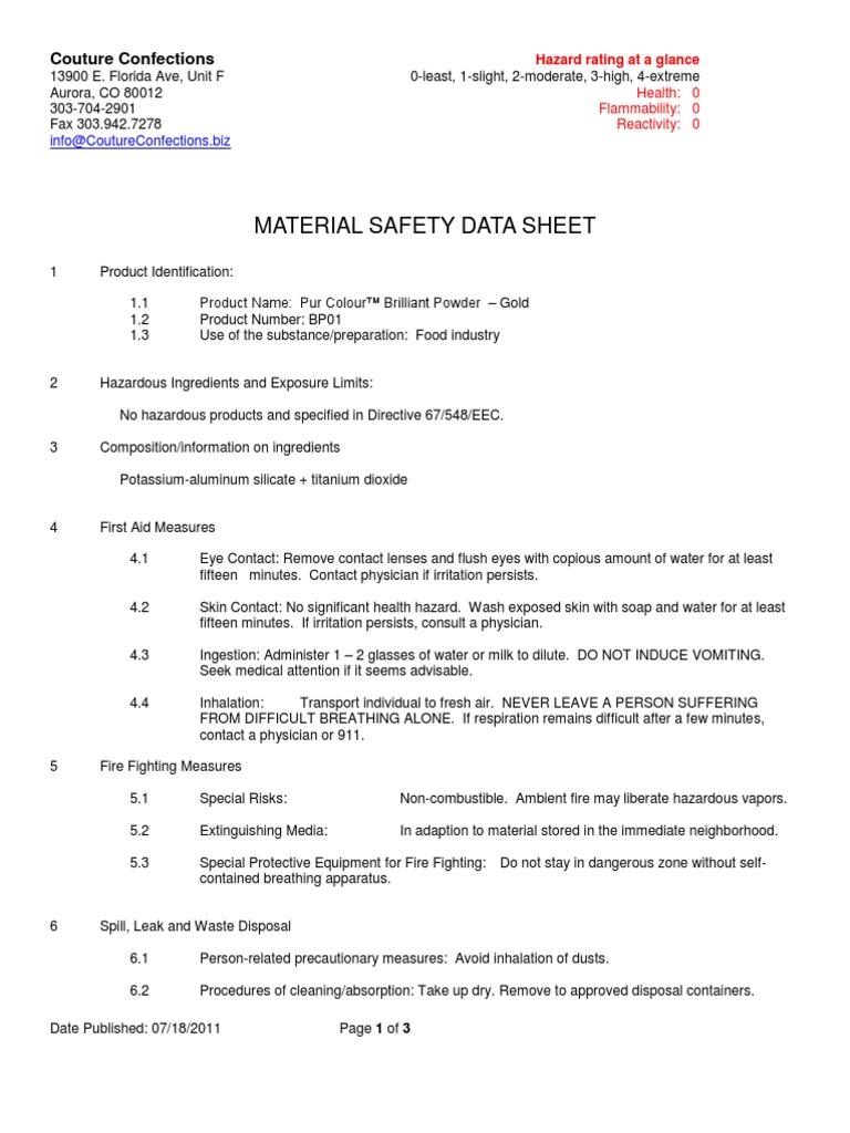 MSDS Gold Powder Food Coloring | PDF | Safety | Chemistry