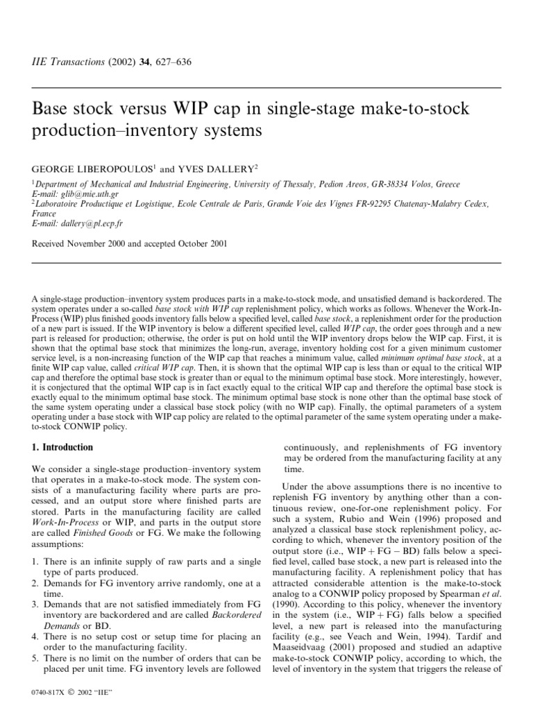 Base Stock Versus WIP Cap in Single-Stage Make-To-Stock Production ...