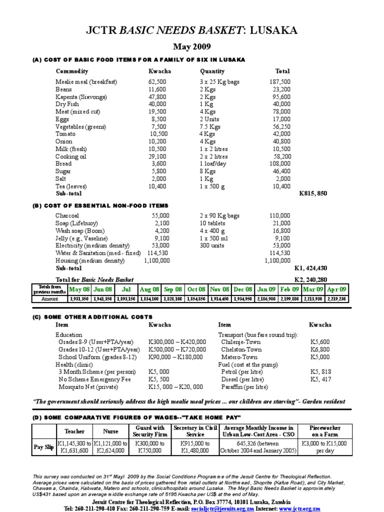 Lusaka Basic Needs Basket - May 2009 | PDF | Food And Drink | Cooking