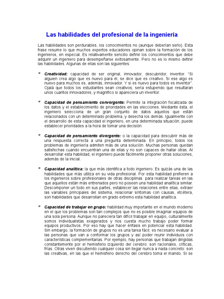Habilidades en La Ingenieria | PDF | Creatividad | Ingeniería
