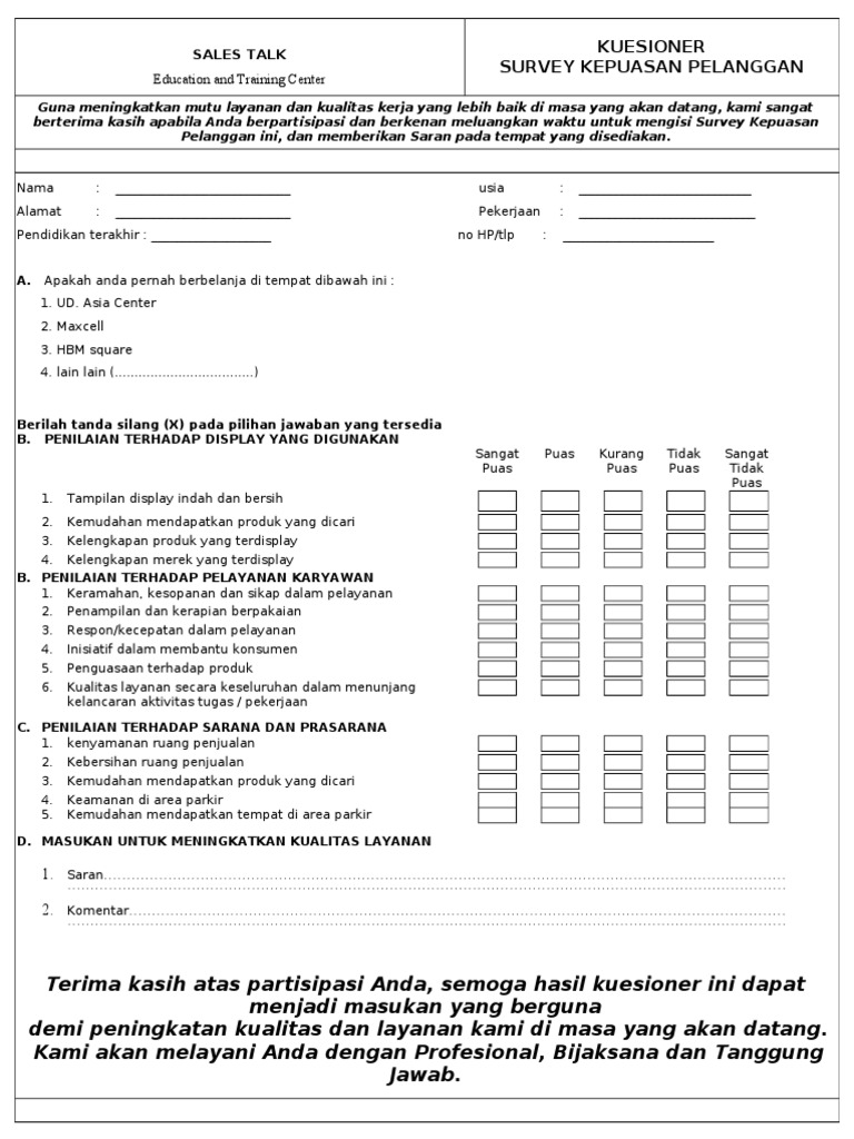 Form Survey Kepuasan Pelanggan | PDF