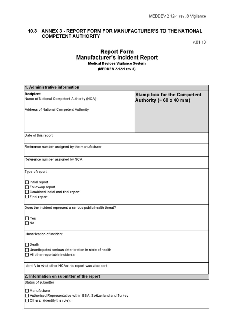 MEDDEV Rev 8 Blank Form | PDF | Medical Device | Patient