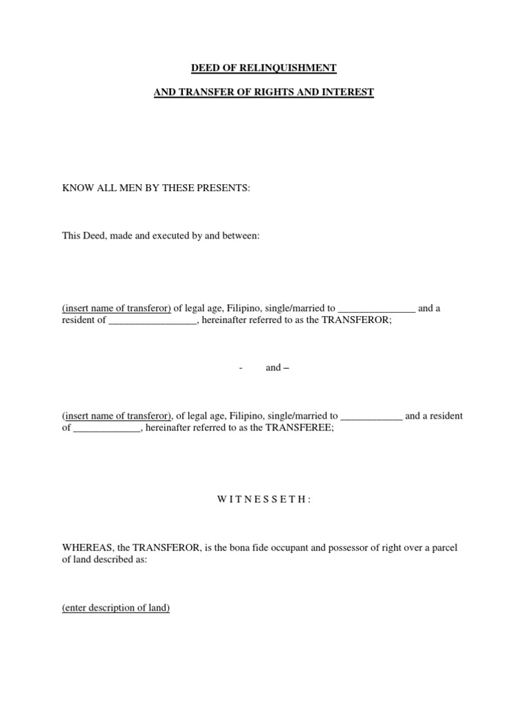 Deed of Relinquishment and Transfer of Rights and Interest | Deed ...