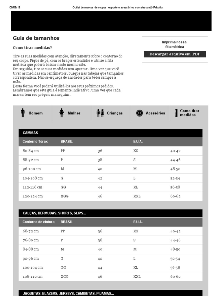 Guia de Tamanhos de Vestimentas | PDF | Roupas | Corpo humano