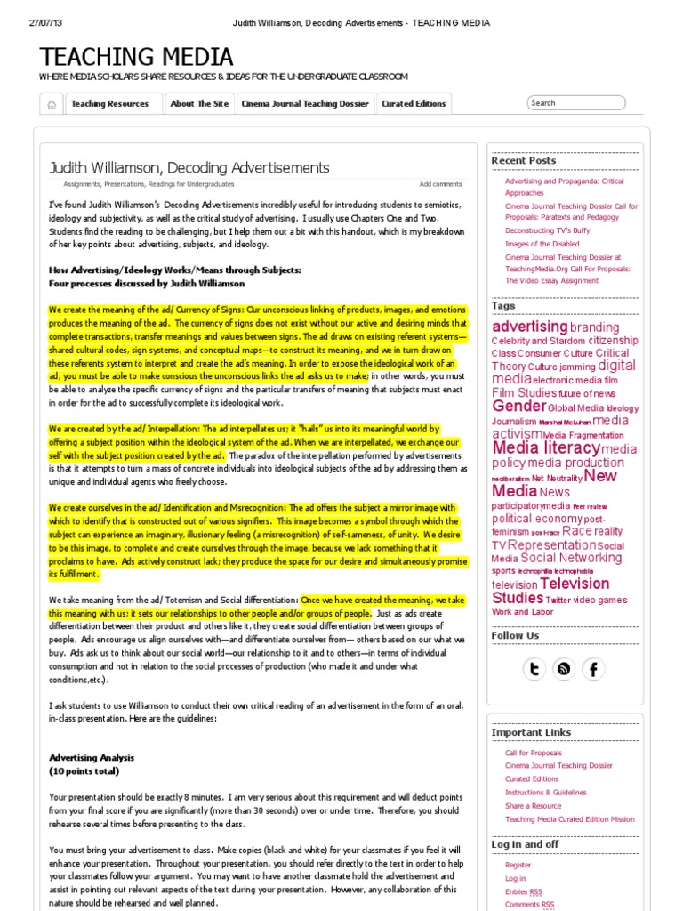 Judith Williamson, Decoding Advertisements - TEACHING MEDIA | PDF ...