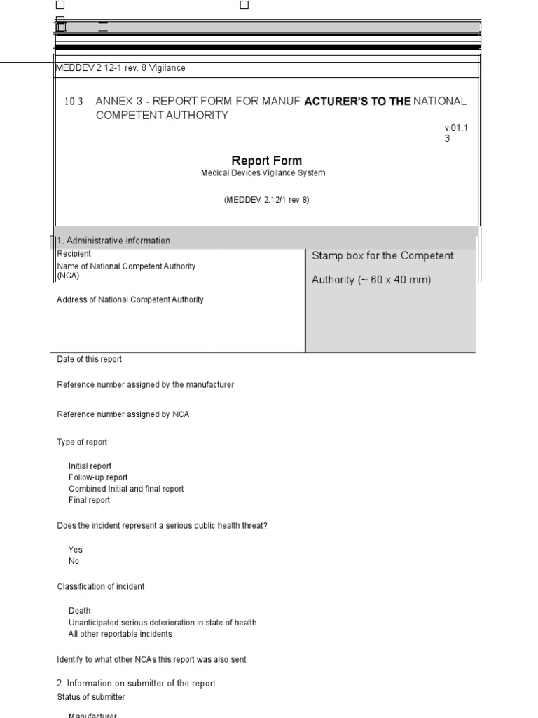 MEDDEV Rev 8 Blank Form | PDF | Medical Device | Patient