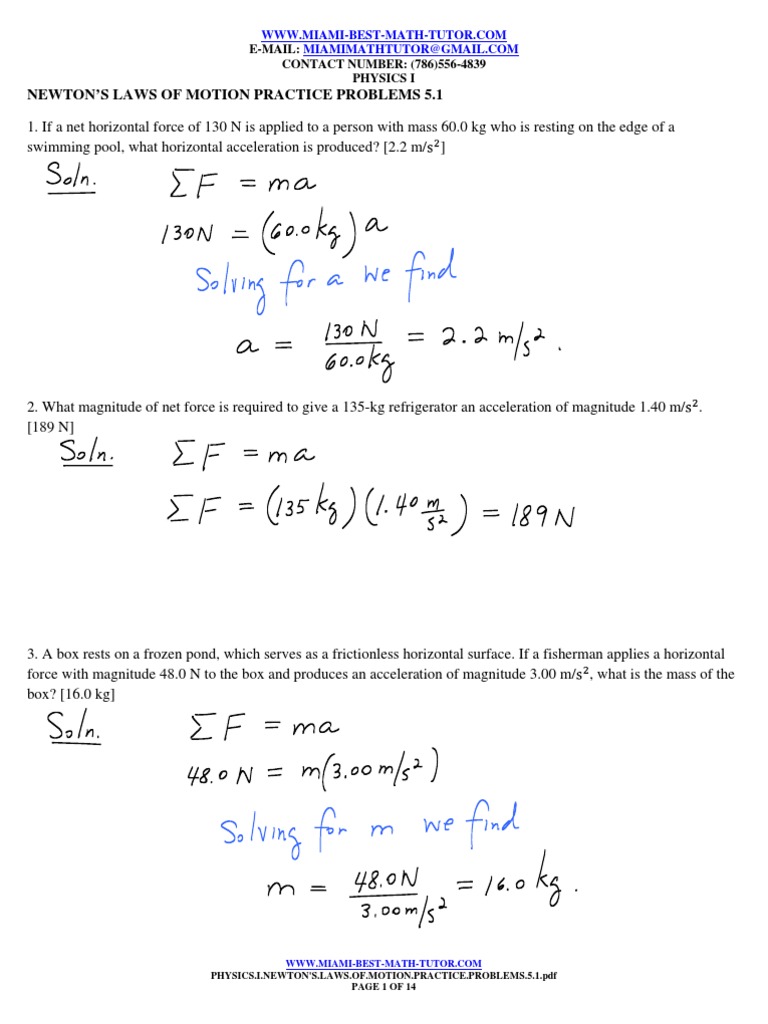 Physics I Newton Laws of Motion Practice Problems 5 1 Soln | PDF
