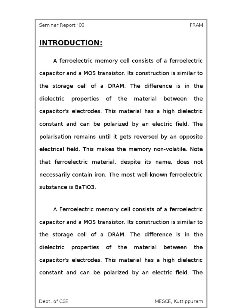 Ferroelectric RAM FRAM Seminar Report | PDF | Random Access Memory ...