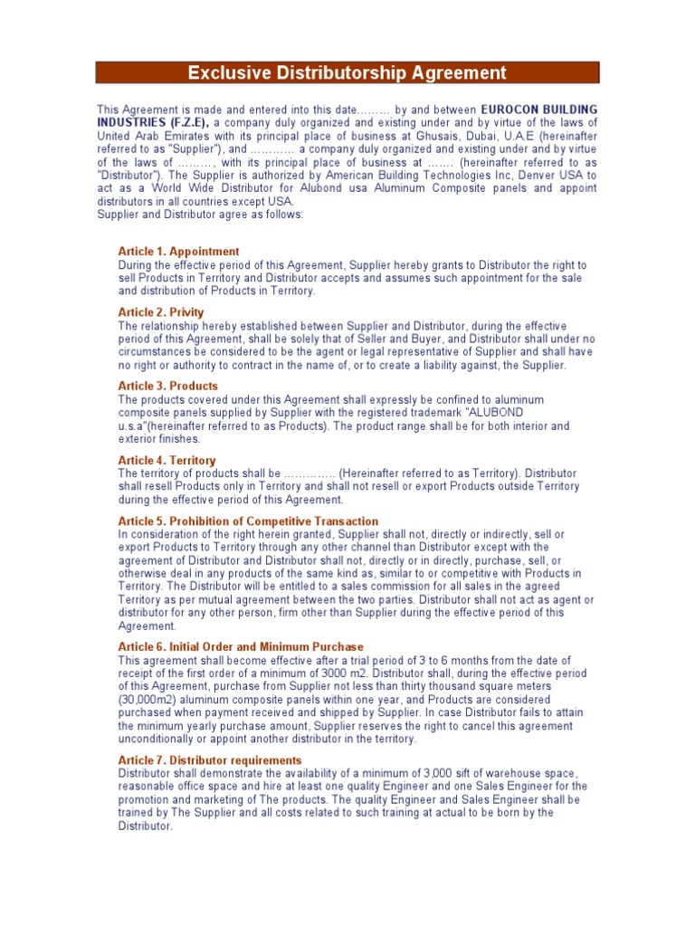 Exclusive Distributorship Agreement | PDF | Distribution (Business ...