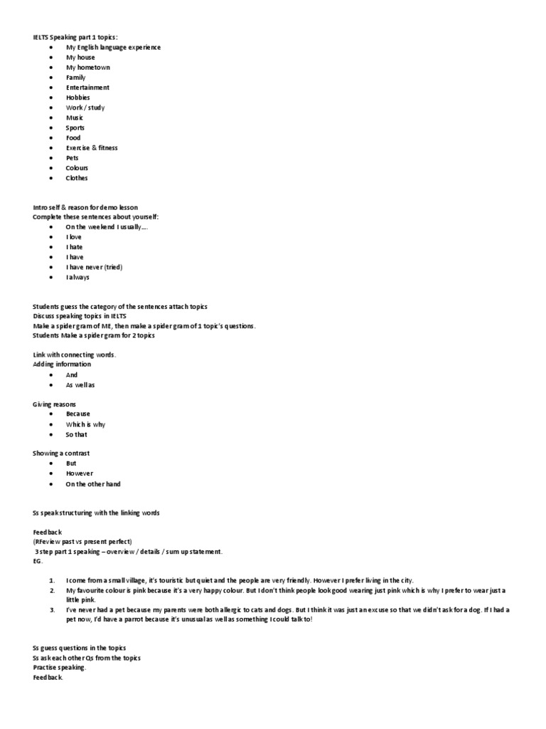 Demo Lesson Ielts Part 1 Speaking | PDF | International English ...