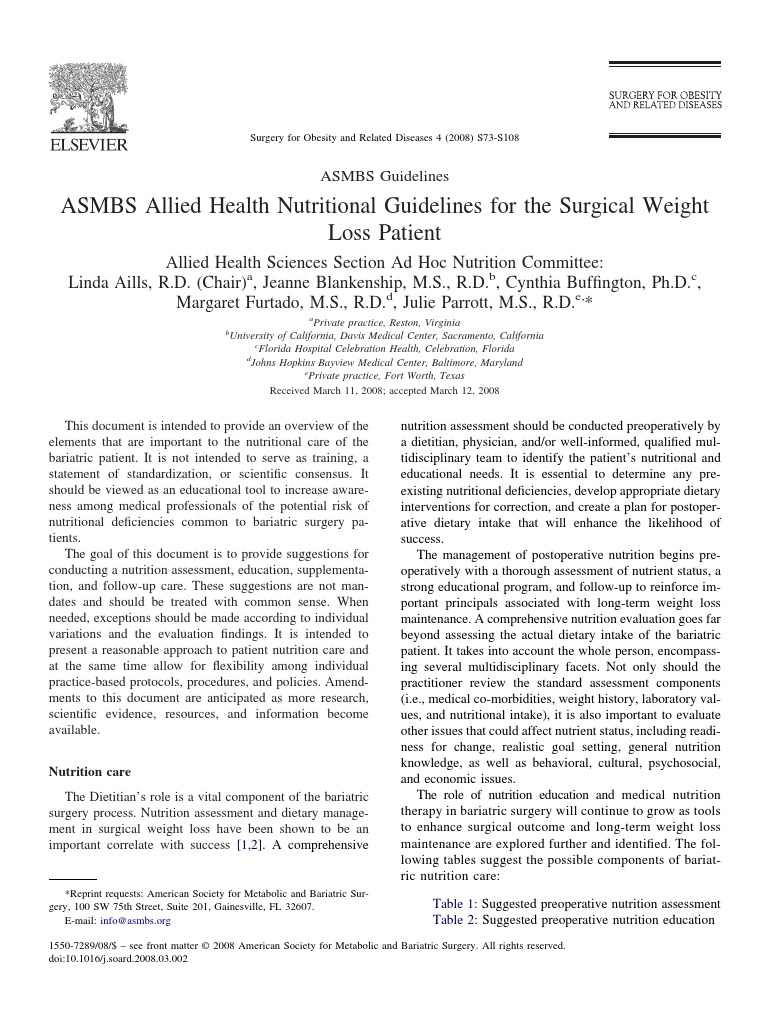 Asmbs Dietary Guidelines After Weight Loss Surgery | PDF | Bariatric ...