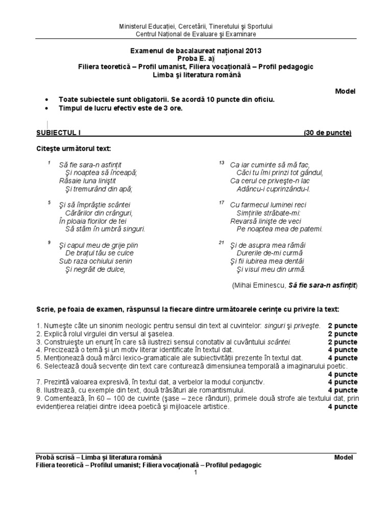 Bac 2013 Limba Romana Uman Pedagogic Sub | PDF